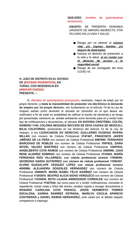 Demanda De Amparo Indirecto M Nimo Vital Covid Quejoso Nombre De