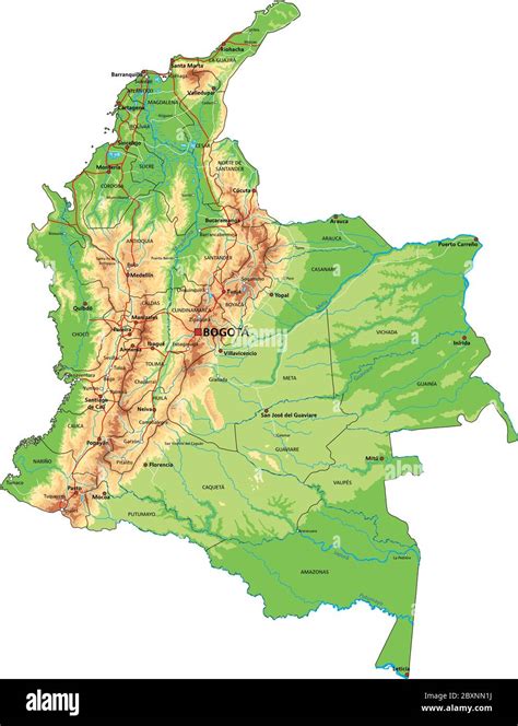 Mapa físico de Colombia con alto detalle y etiquetado Imagen Vector de