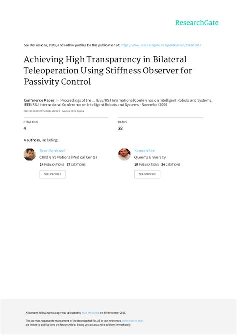 pdf achieving high transparency in bilateral teleoperation using stiffness observer for