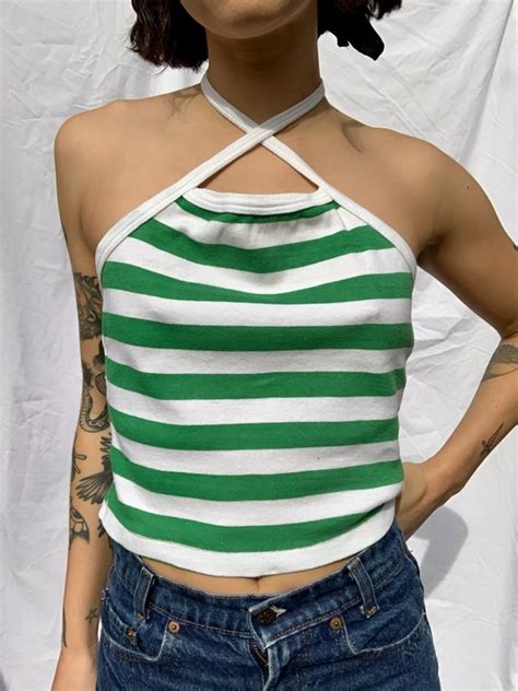 1970 S Stripe Halter Top Striped Nautical Summer Sh Gem