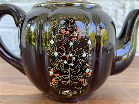 Vintage Brown Betty Redware Moriage Hand Painted Floral Teapot Hand