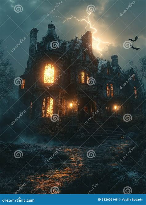 Scary Gothic Castle On Halloween Night Haunted Palace Or Mansion For