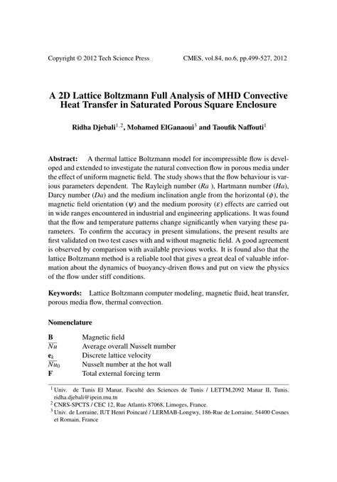 pdf a 2d lattice boltzmann full analysis of mhd convective heat transfer in saturated porous