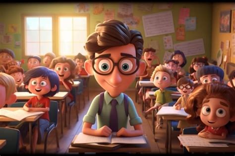 Un personaje de dibujos animados está sentado en un salón de clases con