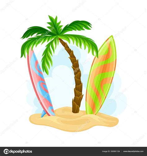 Surfboards For Riding Ocean Waves Rested On Sand With Palm Tree