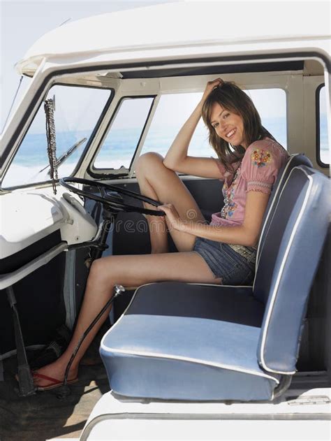 Happy Woman Sitting In Driver S Seat Of Van Stock Photo Image Of