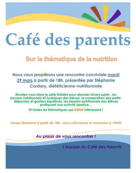 Café des parents le mardi 29 mars sur le thème de la nutrition Cité