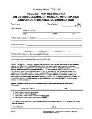 Fillable Online REQUEST FOR RESTRICTION ON USE DISCLOSURE OF MEDICAL
