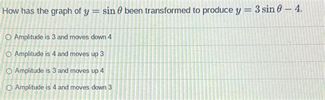 solved how has the graph of y sin θ been transformed to produce y 3sin θ 4 amplitude is 3 and