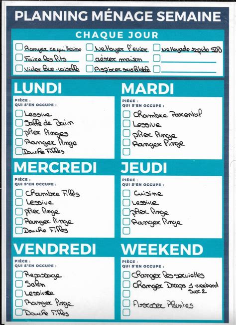 Planning ménage Planning ménage Planning tache menagere