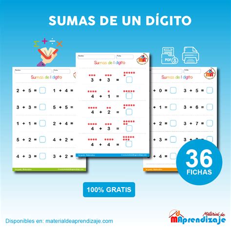 36 fichas de sumas para primer grado de un dígito Material de Aprendizaje