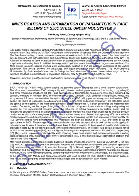pdf the investigation and optimization of parameters in face milling of s50c steel under mql