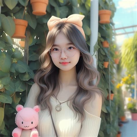 Premium Ai Image Cute Asian Girl In Glasses Standing And Holding Adorable Doll With Garden