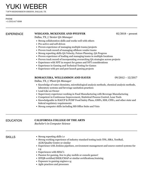 Qa Manager Resume Samples Velvet Jobs