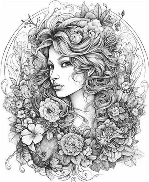 Un Dibujo En Blanco Y Negro De Una Mujer Con Flores Alrededor De Su
