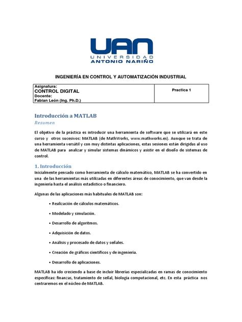 práctica 1 introducción a matlab pdf matlab matriz matemáticas