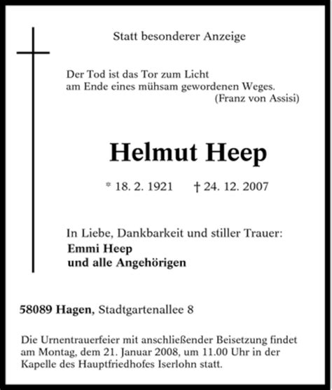 Trauer Und Todesanzeigen Von Helmut Heep Trauer De