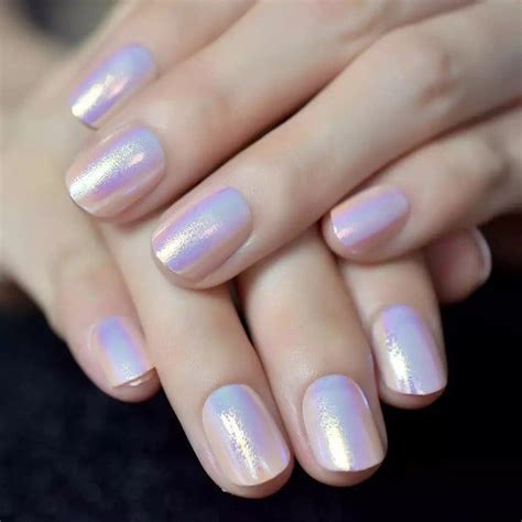 Unicorn Chrome Press On Fake Nails With Designs Iridescent Pink Short