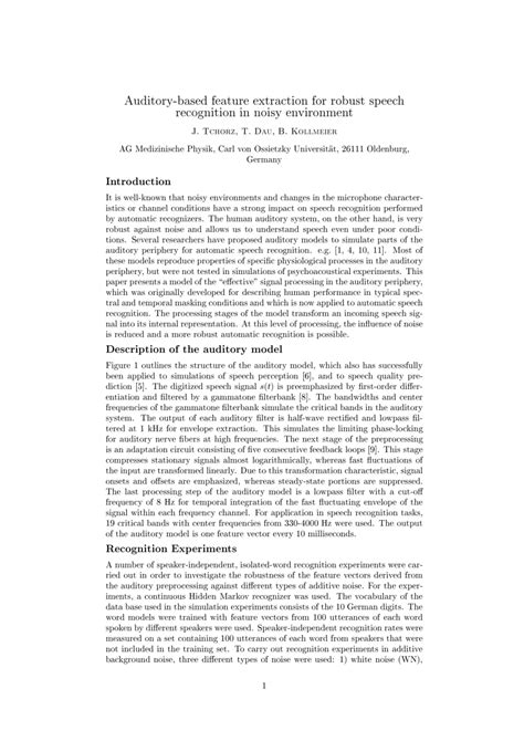 pdf auditory based feature extraction for robust speech recognition in noisy environment