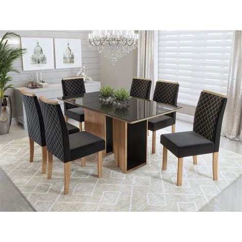 Conjunto Sala De Jantar Mesa Tampo Vidro E Mdf Ayla Cadeiras Elegance