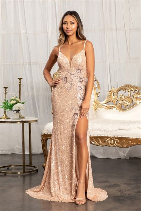 Sequin Glamour Prom Bridesmaid Gown Cut Out Back Embroidered