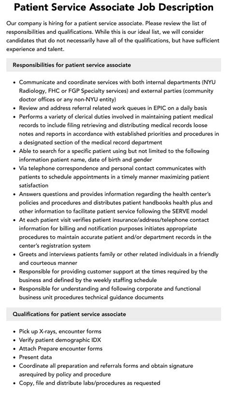 Patient Service Associate Job Description Velvet Jobs