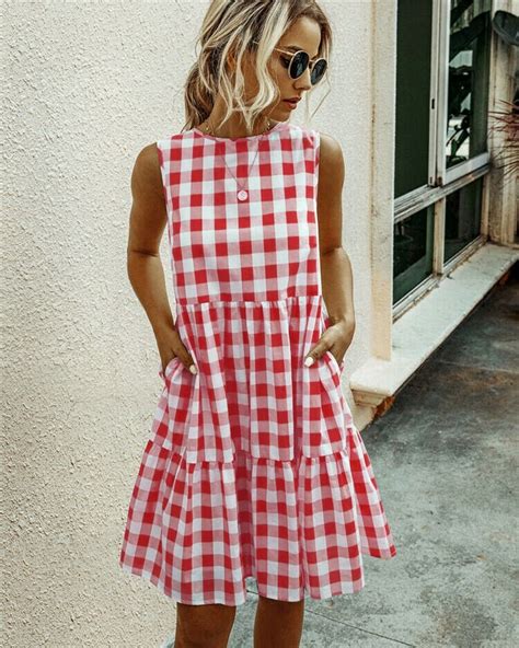 Women S Red White Gingham Plaid Summer Dress Cool Light Etsy