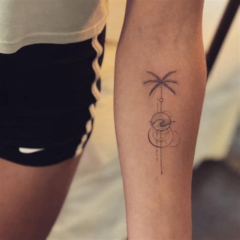 Fine Line Palm Tree And Wave Tattoo On The Inner