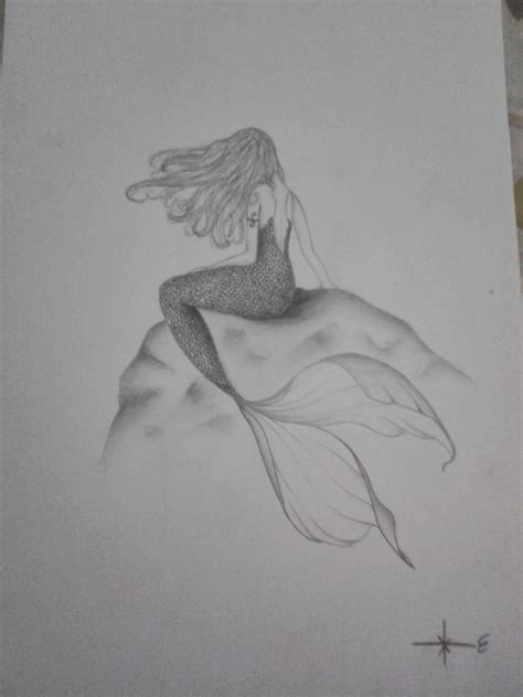 Mermaid Sitting On Rock Drawing