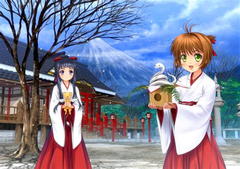 Black Hair Brown Hair Card Captor Sakura Daidouji Tomoyo Green Eyes Japanese Clothes Kero
