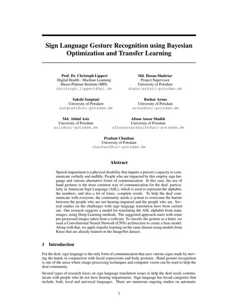 pdf sign language gesture recognition using bayesian optimization and transfer learning