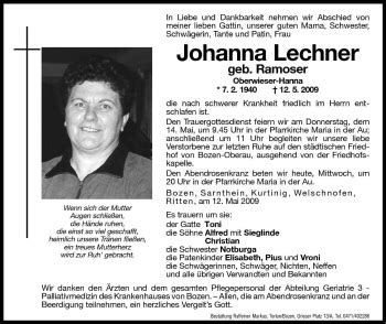 Traueranzeigen Von Johanna Lechner Trauer Bz