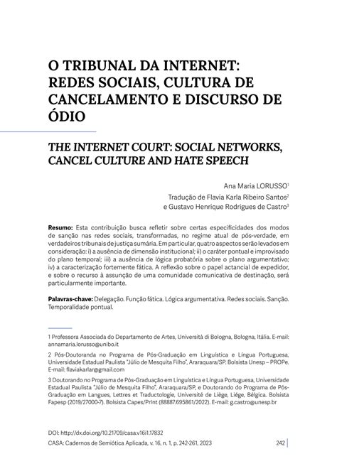 PDF O TRIBUNAL DA INTERNET REDES SOCIAIS CULTURA DE CANCELAMENTO E