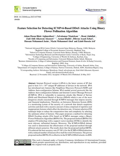 pdf feature selection for detecting icmpv6 based ddos attacks using binary flower pollination