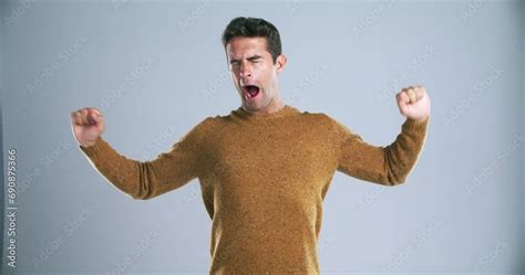 Tired Face And Man Yawn With Fatigue In Grey Background Studio And
