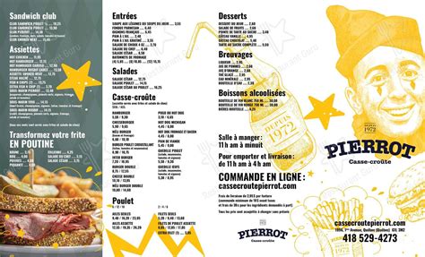 Menu au Casse Croûte Pierrot pub et bar Québec 1re Av