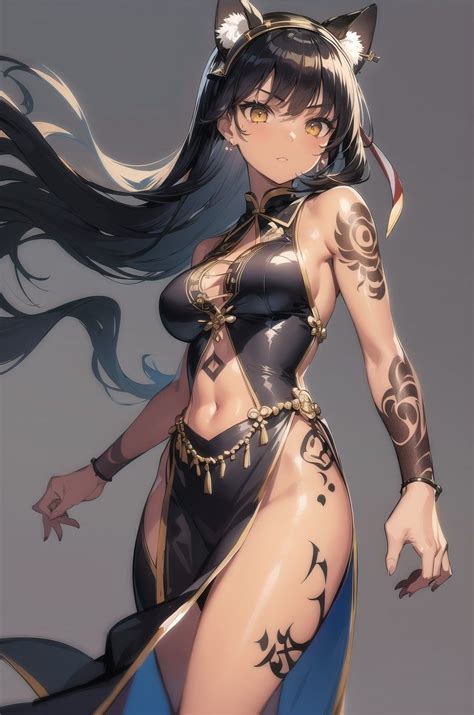 An Anime Character With Long Hair And Tattoos On Her Body