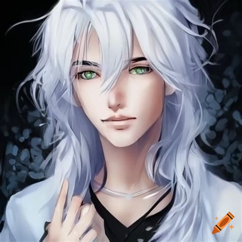 Male White Hair Pale Skin Green Eyes Pretty Soft Smile Realistic