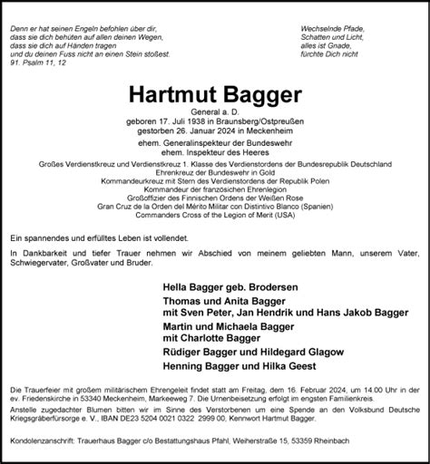 Traueranzeigen Von Hartmut Bagger Ga Trauer De