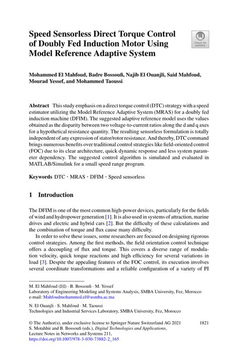 pdf speed sensorless direct torque control of doubly fed induction motor using model reference