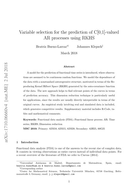 pdf variable selection for the prediction of c[0 1] valued ar processes using rkhs preprint