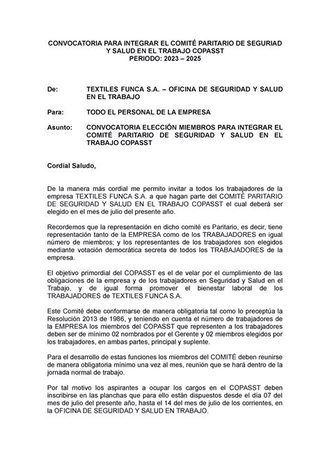Documentacion PARA LA Elección DEL Copasst CONVOCATORIA PARA INTEGRAR