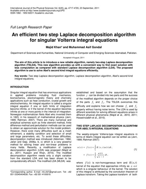 pdf an efficient two step laplace decomposition algorithm for singular volterra integral equations