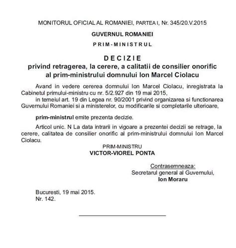 Victor Ponta premier în 2015 a renunțat la consilierul onorific