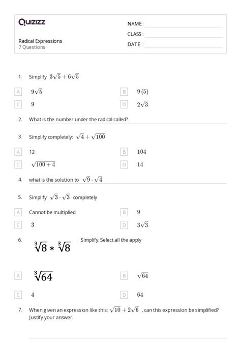 Radical Expressions Worksheets For Th Class On Quizizz Free