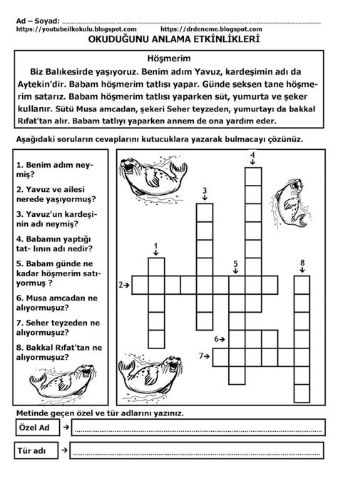 1 SINIF OKUDUĞUNU ANLAMA BULMACA 2 Okuduğunu anlama Okuma Bulmacalar