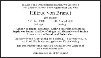 Traueranzeigen Von Hiltrud Von Brandt Trauer Merkur De