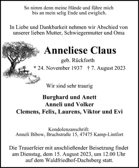 Traueranzeigen Von Anneliese Claus Trauer In NRW De