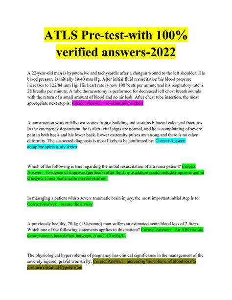 Solution Atls Pre Test With Verified Answers Studypool