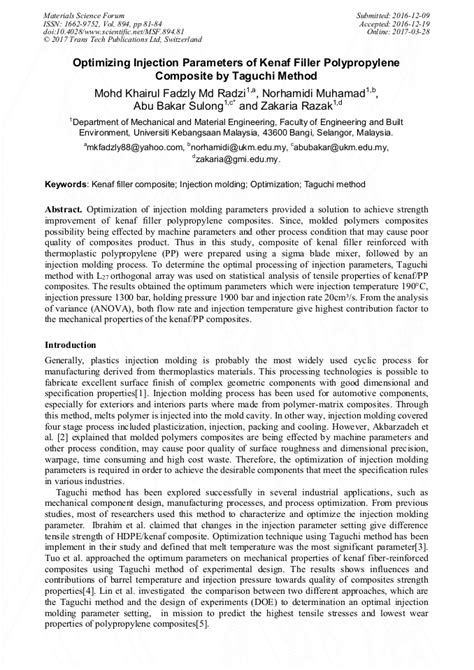 optimizing injection parameters of kenaf filler polypropylene composite by taguchi method